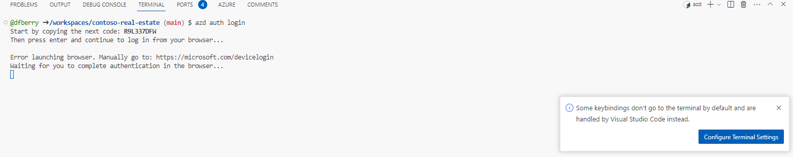 [Bug] `azd auth login` in CodeSpaces fails to open browser · Issue #318 · Azure-Samples/contoso ...