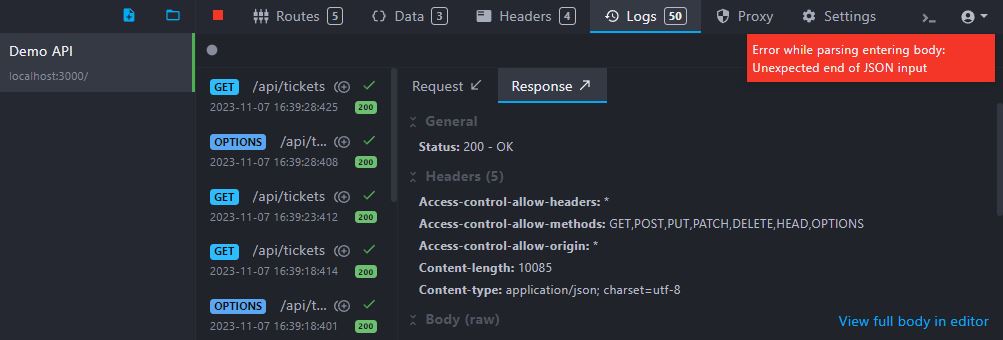 Unexpected end of JSON input · Issue #1177 · mockoon/mockoon · GitHub