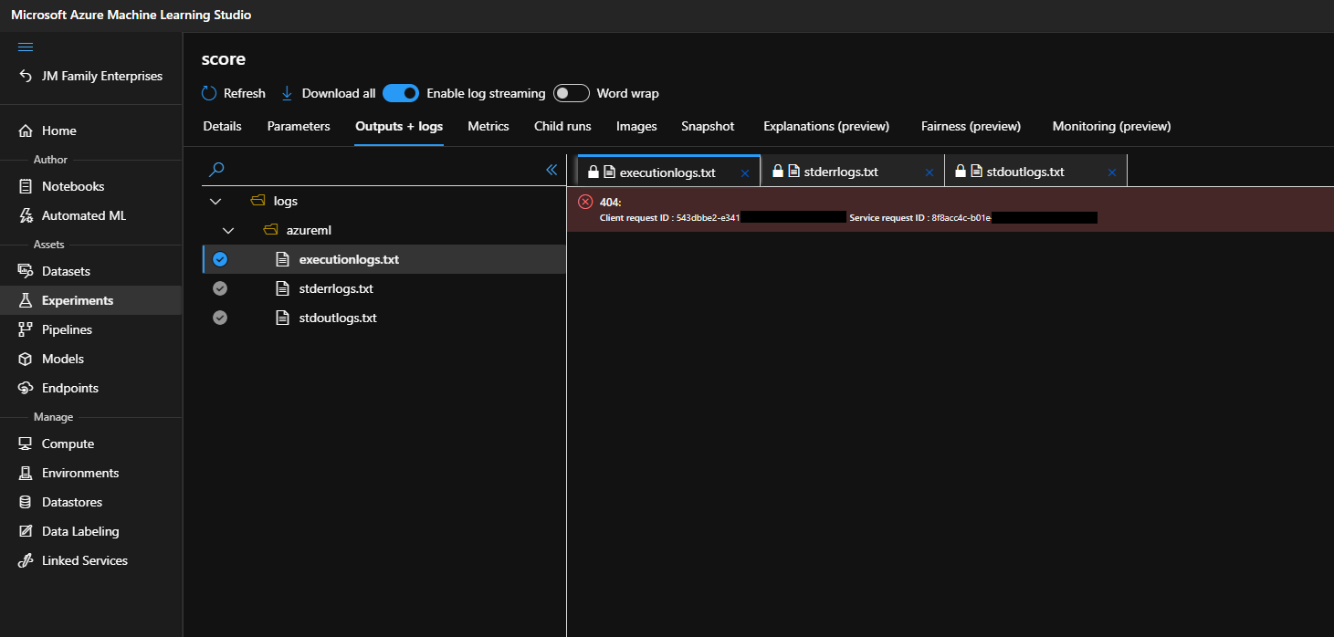 Pipeline run failed with status InternalServerError. 404 error when viewing logs · Issue #1674 ...