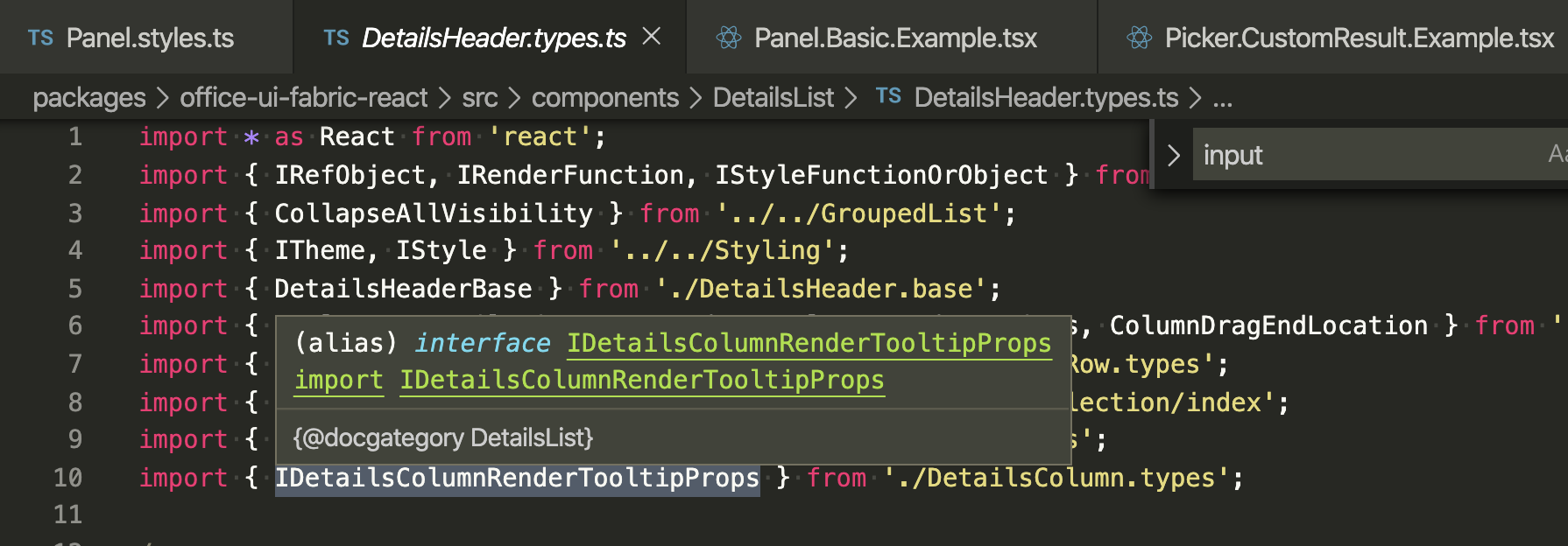 office-ui-fabric-react/lib/DetailsList"' has no exported member ...