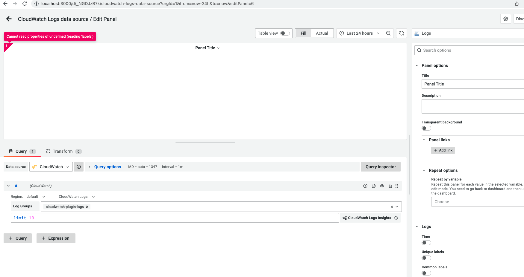 CloudWatch: Logs visualization of a Logs query results in "undefined (reading 'labels')" error ...