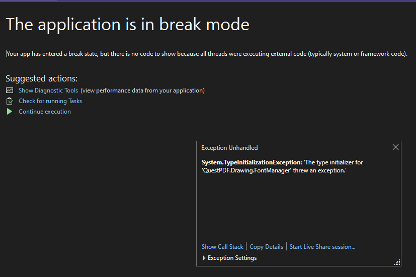 Error when using GeneratePdf() on ANDROID system in MAUI. System.TypeLoadException & QuestPDF ...