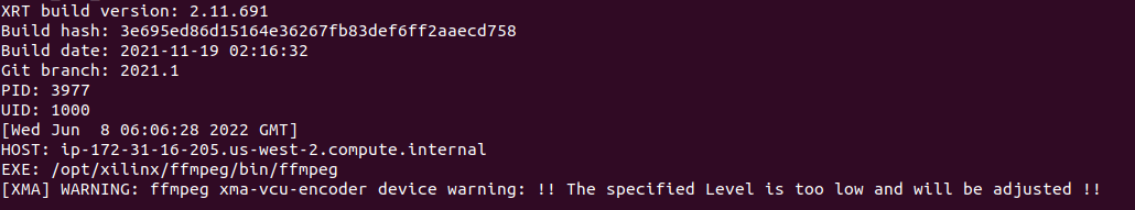 [XMA] WARNING: ffmpeg xma-vcu-encoder device warning: !! The specified Level is too low and will ...
