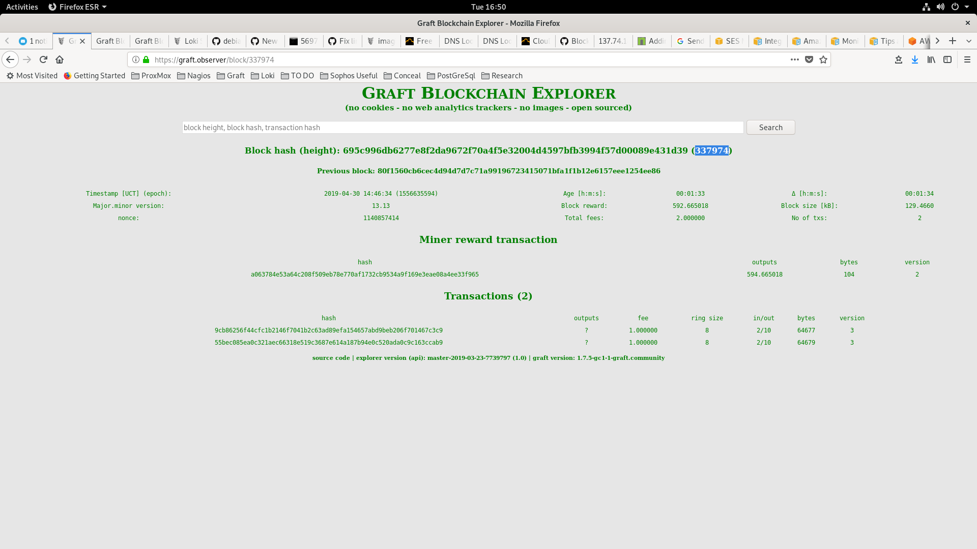 graftnoded reflecting: "Hash rate: 0.000 MH/s" and "Network difficulty ...