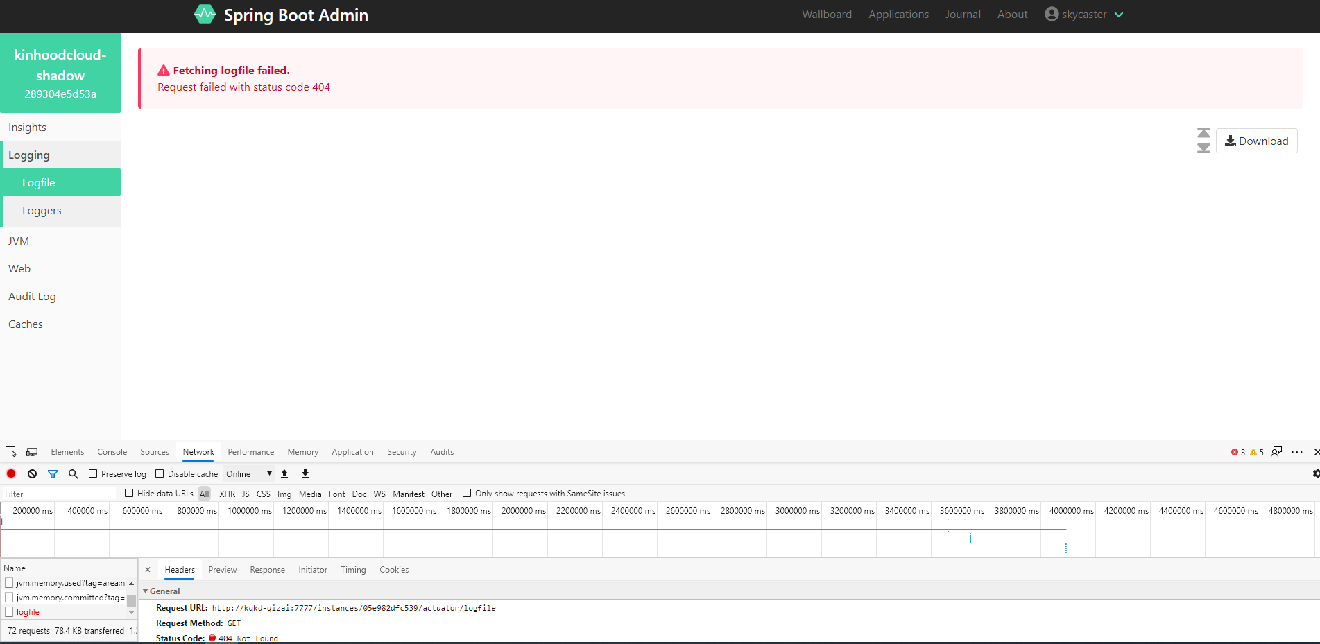 Fetching logfile failed: Request failed with status code 404 · Issue #1394 · codecentric/spring ...