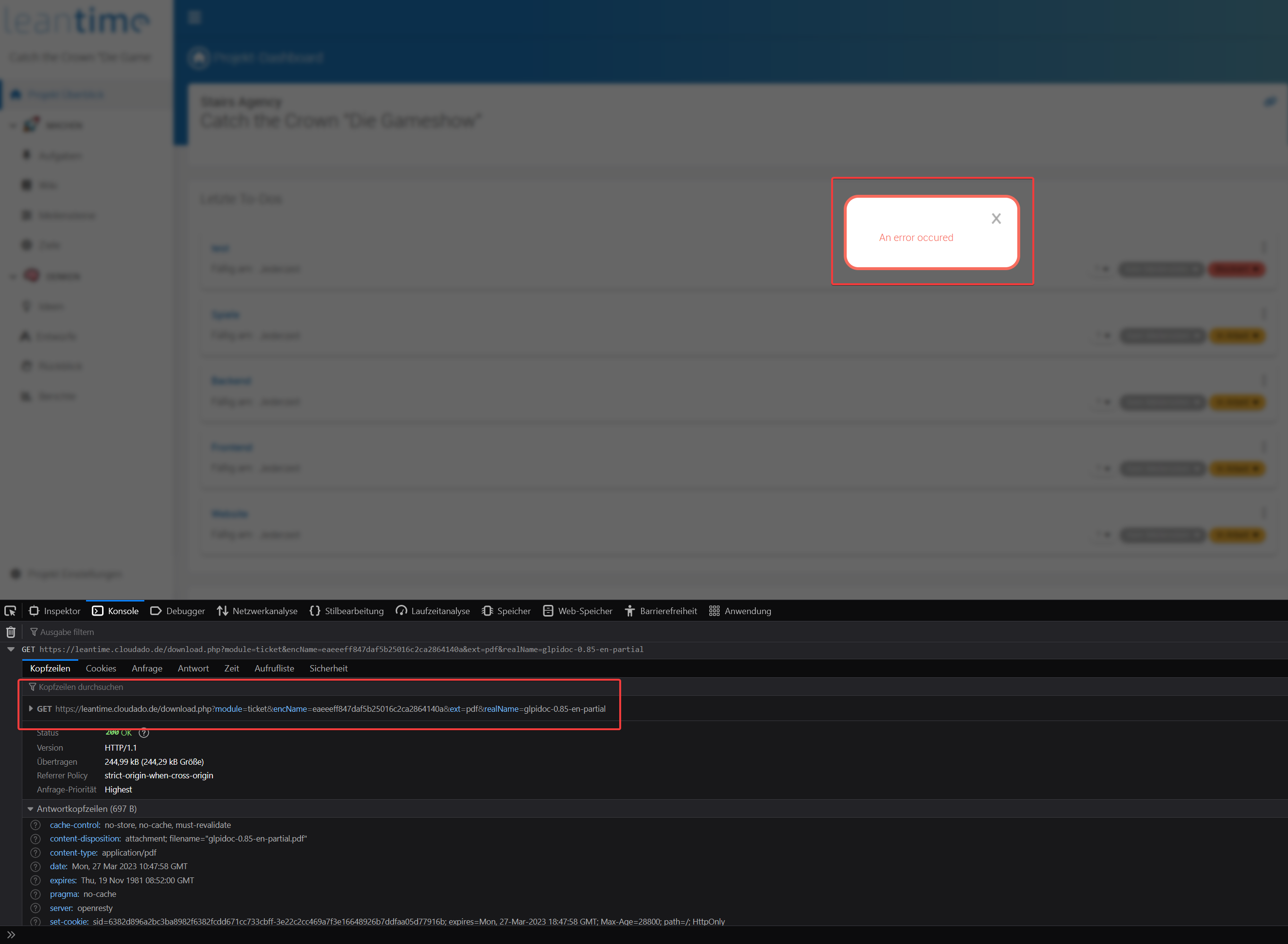 [BUG] Download of files in a ticket not possible "an error occured". · Issue #1516 · Leantime ...