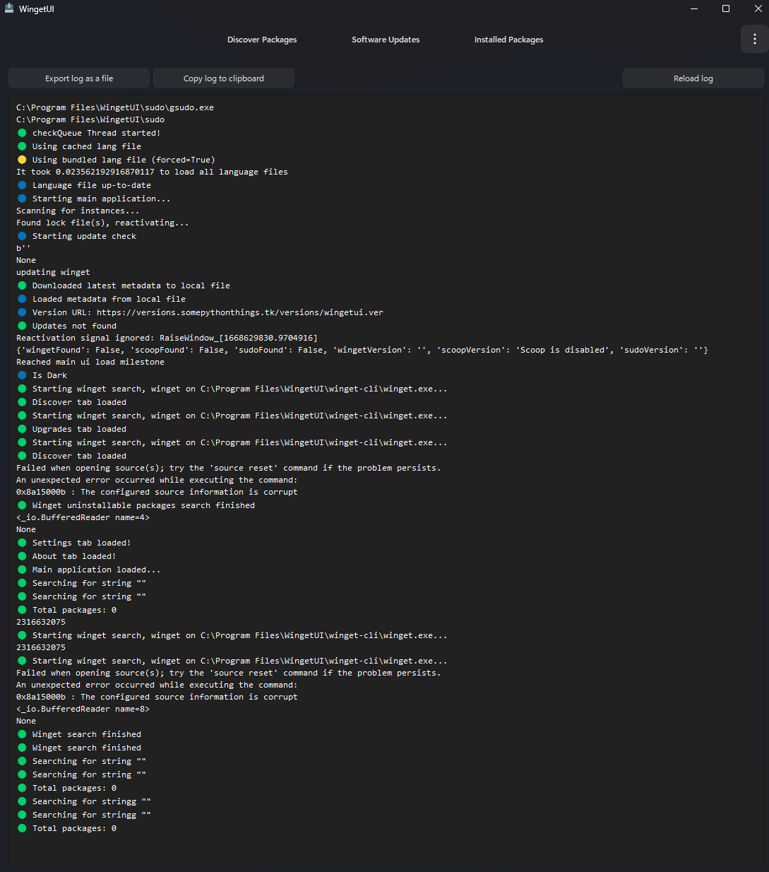 [BUG/ISSUE] All tabs show zero packages · Issue #421 · marticliment/UniGetUI · GitHub