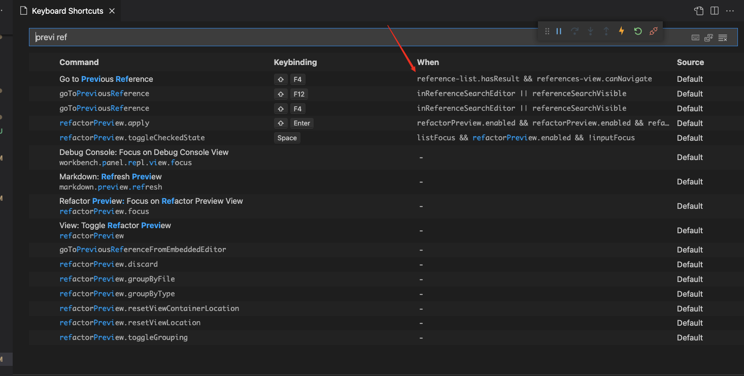 provide command to go to previous/next reference without open search ...
