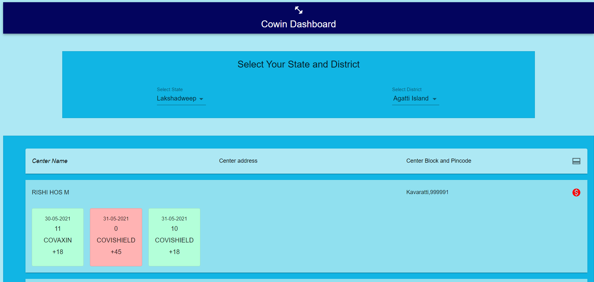 GitHub - EshanDeb/Cowin-Dashboard: A Cowin Dashboard made using React, Material UI and the Cowin API
