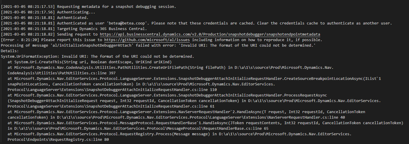 Error in snapshot debugging · Issue #6490 · microsoft/AL · GitHub