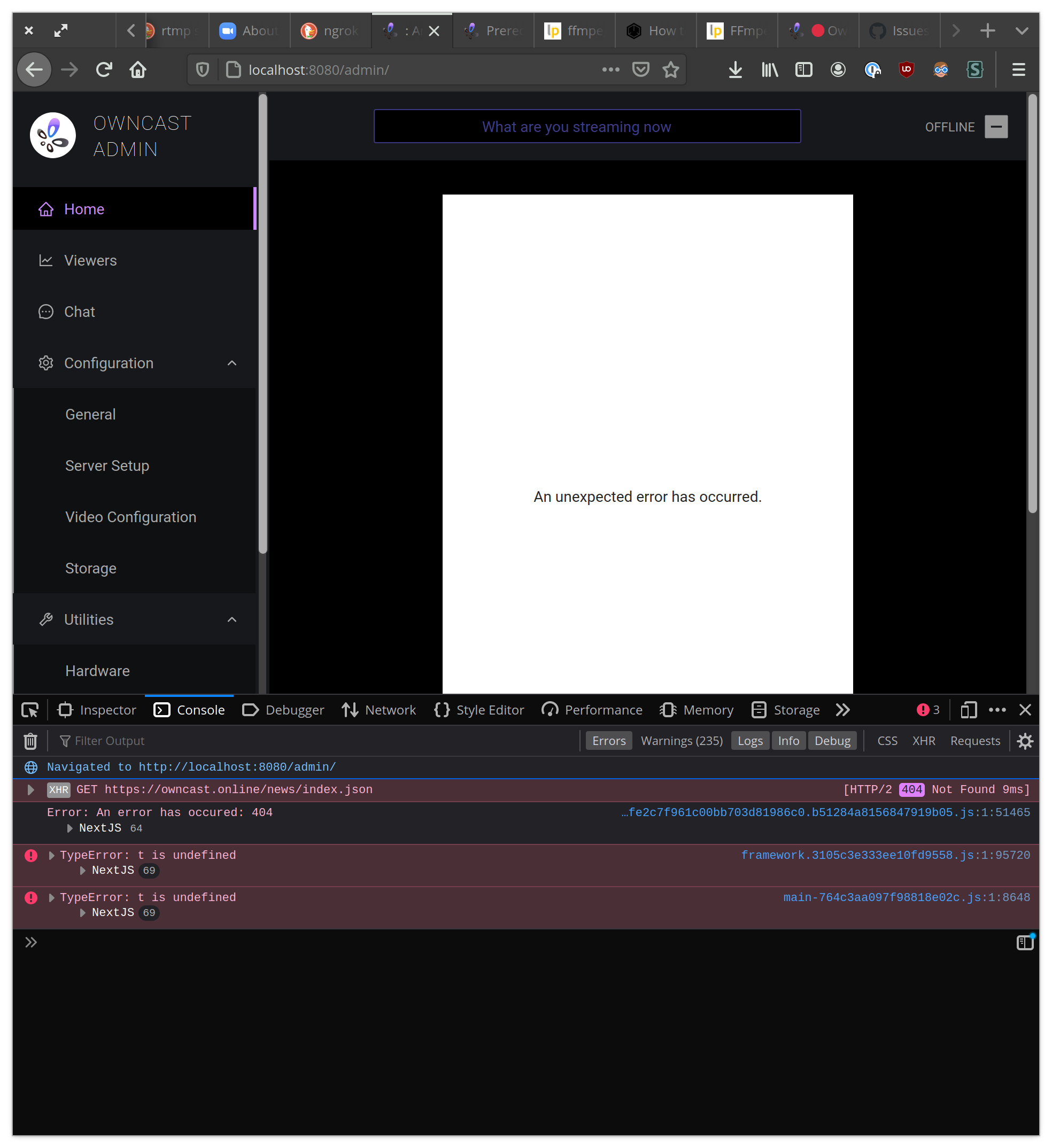 An unexpected error has occurred in admin interface · Issue #921 · owncast/owncast · GitHub