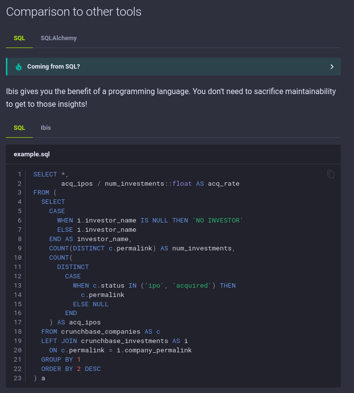 docs: add better comparison section and fix broken links by cpcloud · Pull Request #3394 · ibis ...