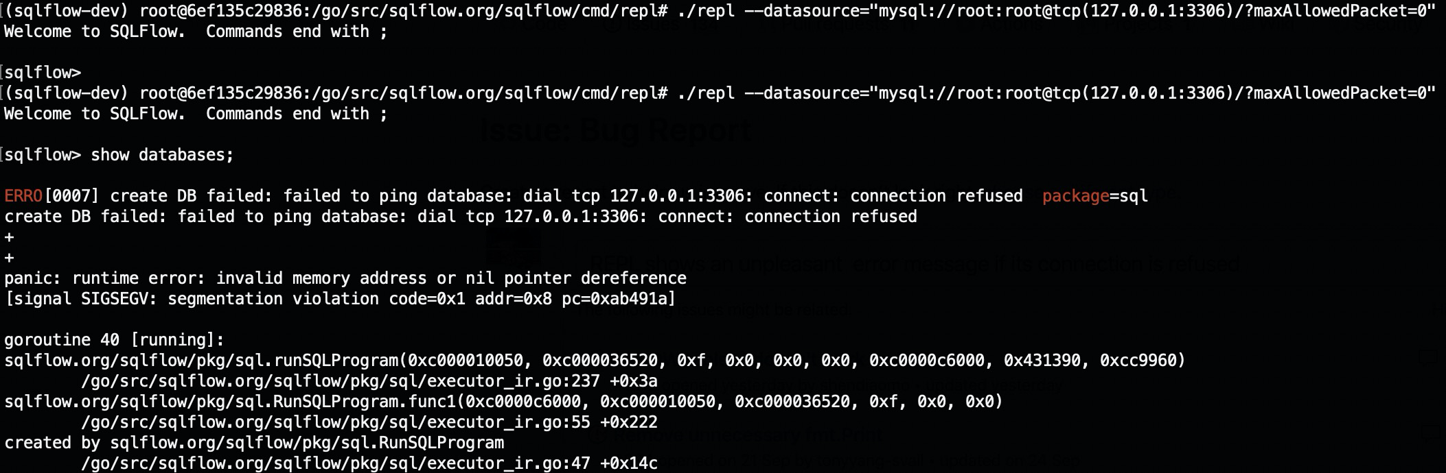 REPL shows an unpleasant error message if its connection is refused · Issue #1338 · sql-machine ...