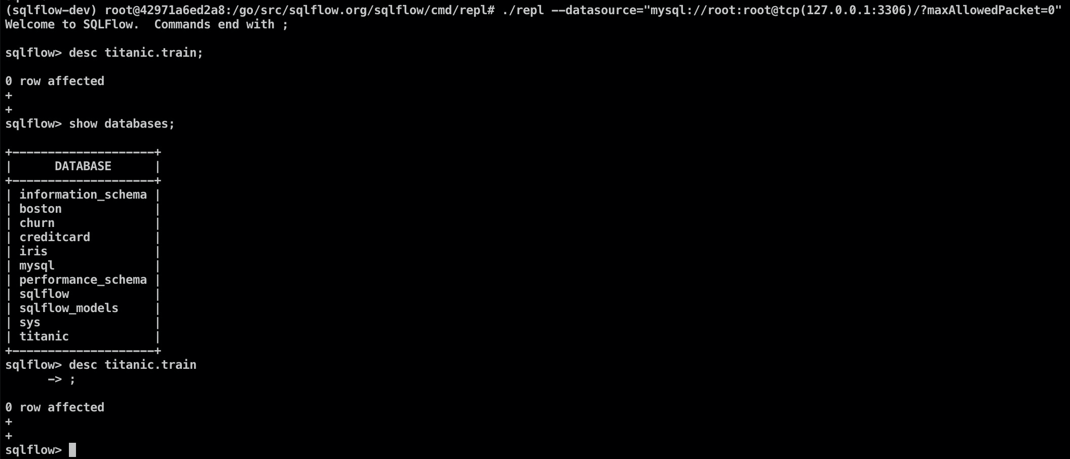 Desc table doesn't work on REPL and notebook · Issue #1538 · sql-machine-learning/sqlflow · GitHub