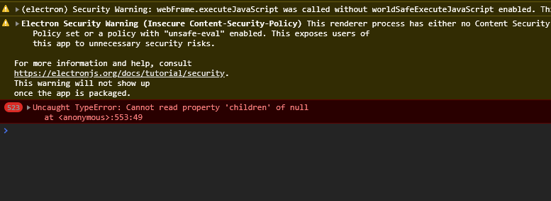 Debug console cluttered with 'Cannot read property 'children' of null ...