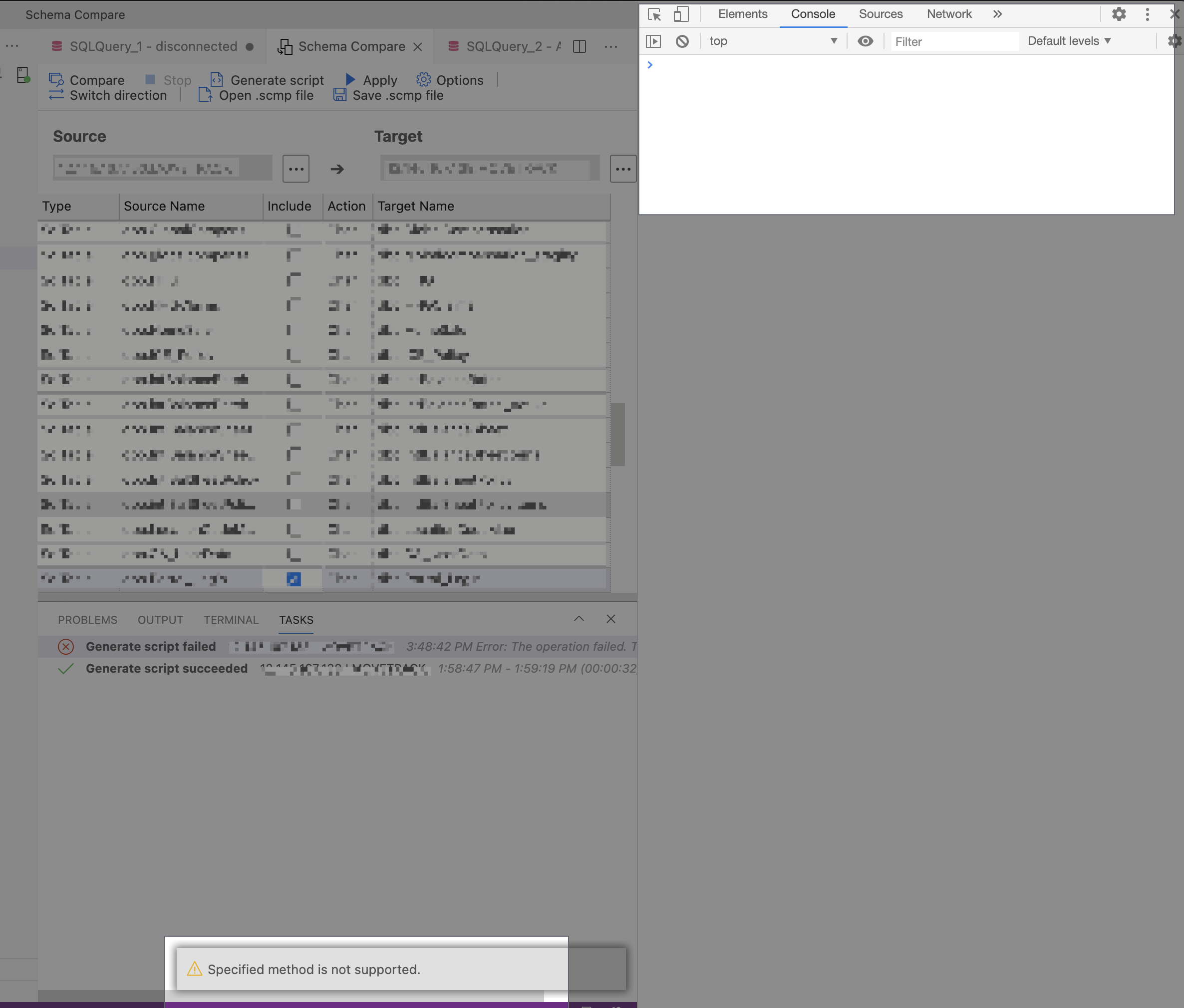 Cannot deselect specific stored procedure from list of changes. Error: "Specified method is not ...
