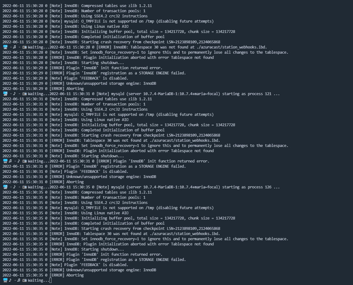 MariaDB unexpected crash - An exception occurred in the driver SQLSTATE [2002] - No such file or ...