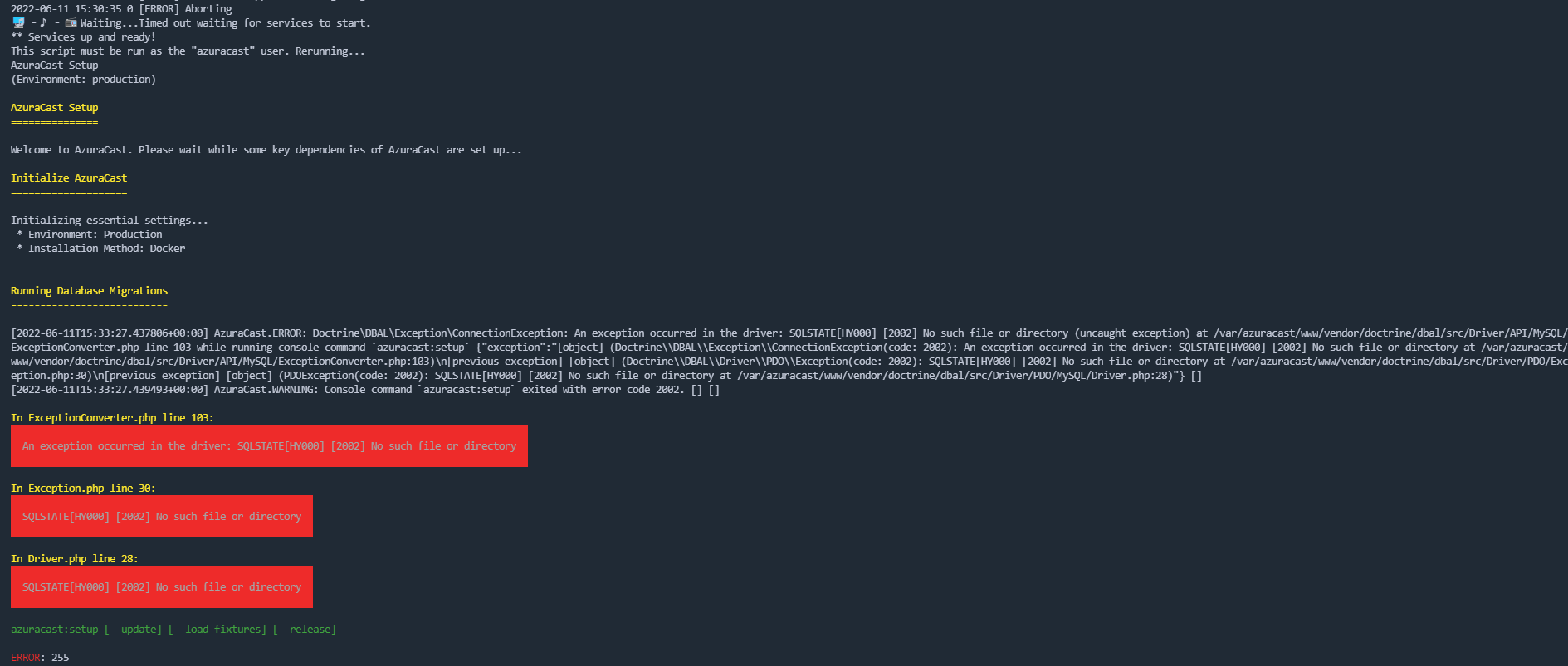 MariaDB unexpected crash - An exception occurred in the driver SQLSTATE [2002] - No such file or ...