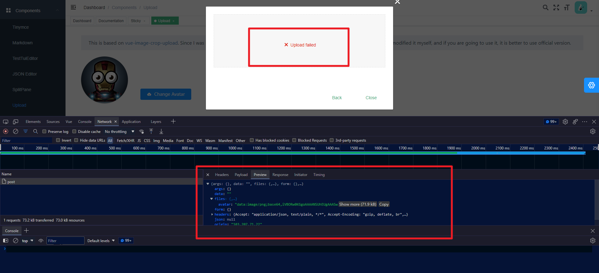 Components-Upload:"Change Avatar" Upload failed · Issue #3886 · PanJiaChen/vue-element-admin ...