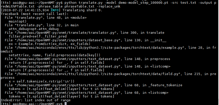 list index out of range while translating file · Issue #1508 · OpenNMT/OpenNMT-py · GitHub