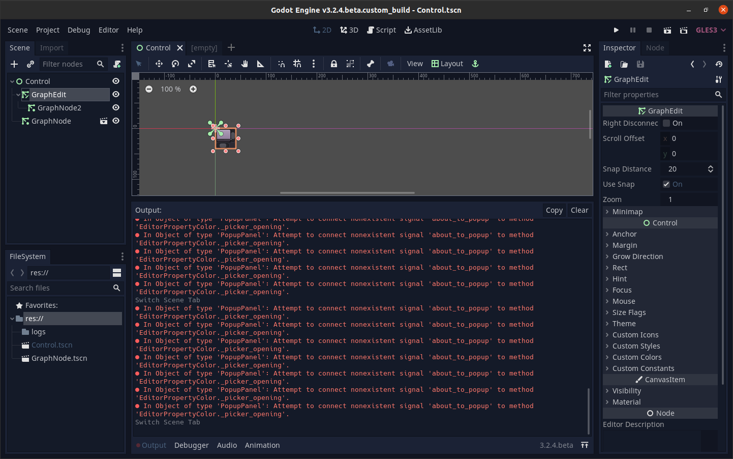 Errors "Attempt to connect nonexistent signal 'about_to_popup'" when ...