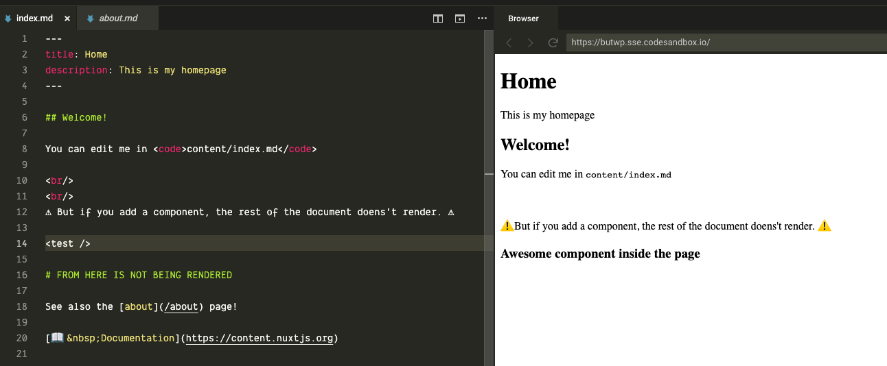 When a compoenent is added inside a md file, the rest of the md content is not displayed ...