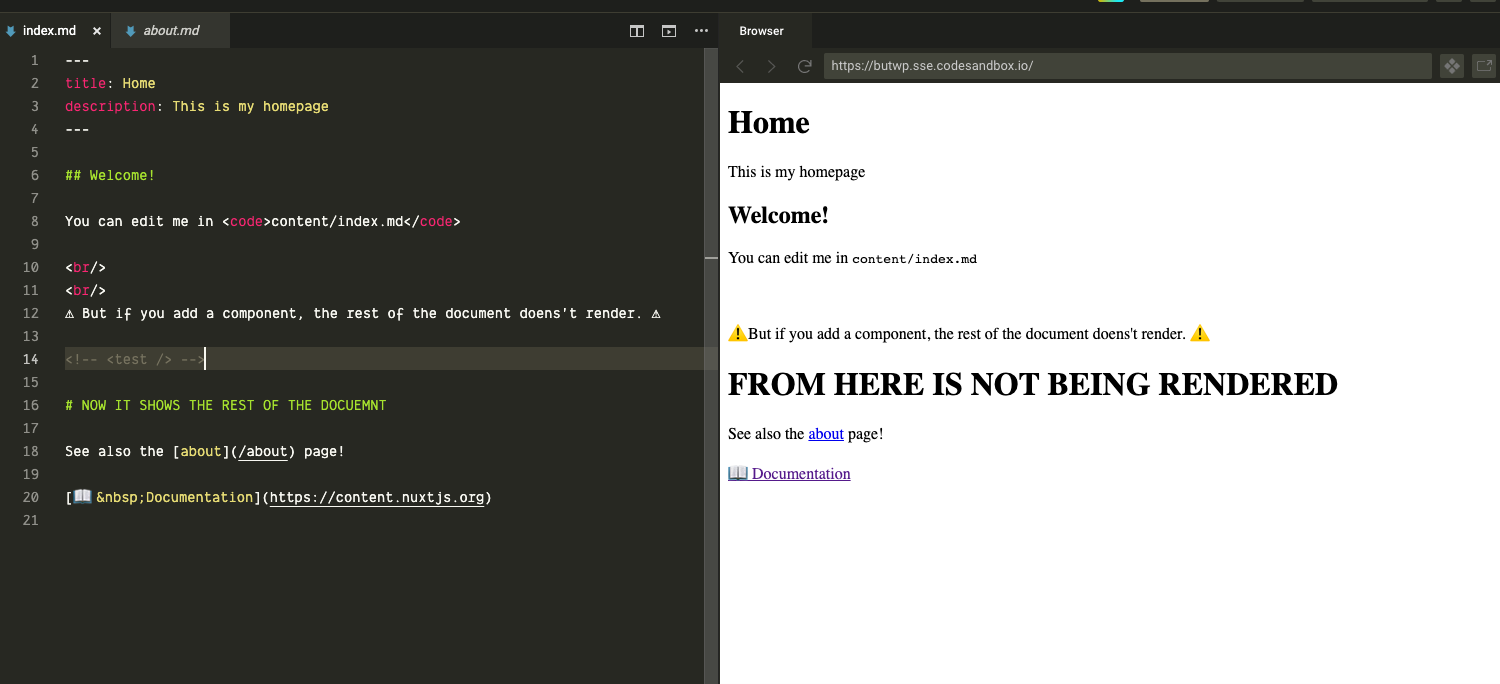 When a compoenent is added inside a md file, the rest of the md content is not displayed ...