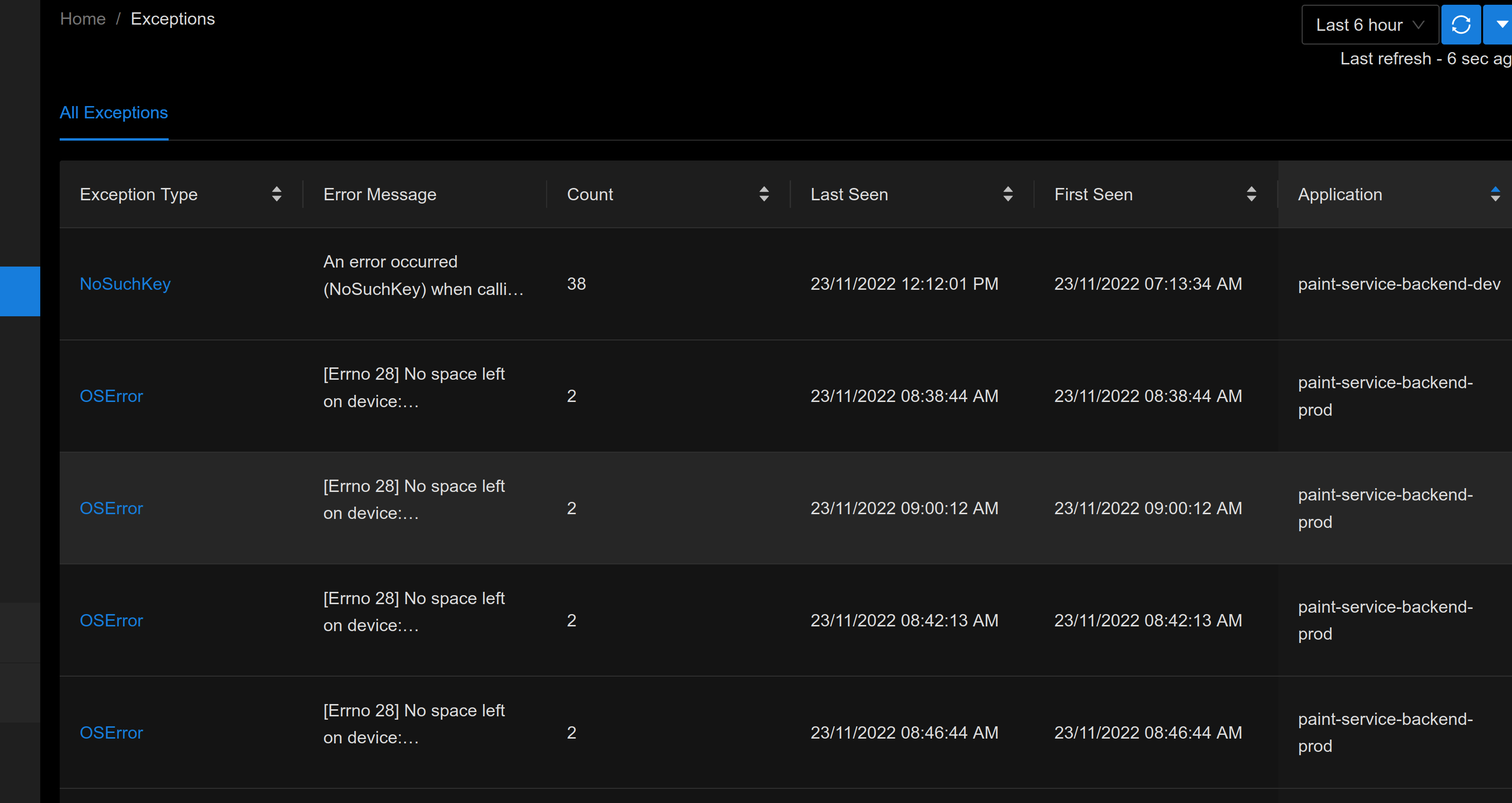 Exceptions not registering in the main Exceptions page even though log page recognizes it ...