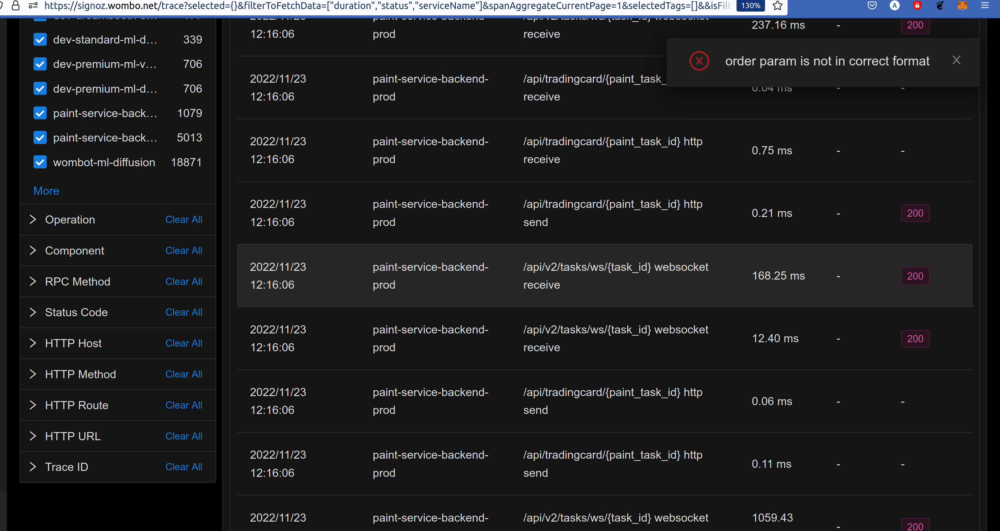 Getting Order Param Is Not In Correct Format In Traces Page · Issue