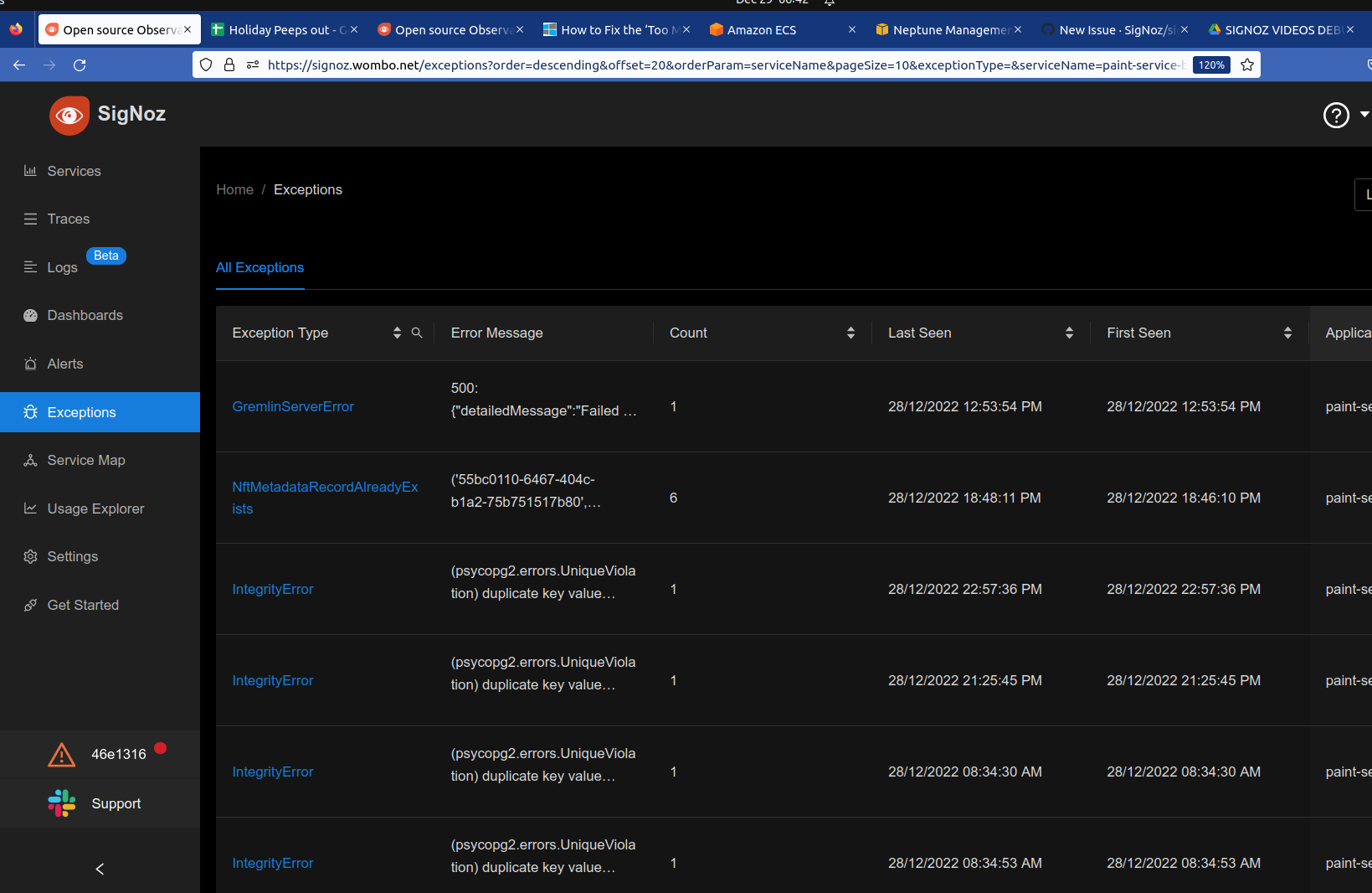 Exceptions Page Pagination Is Not Respected On Filtering By Service