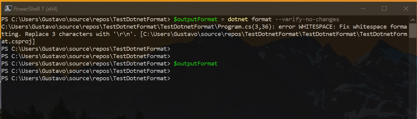 Can't capture 'dotnet format --verify-no-changes' output into a Powershell variable · Issue ...