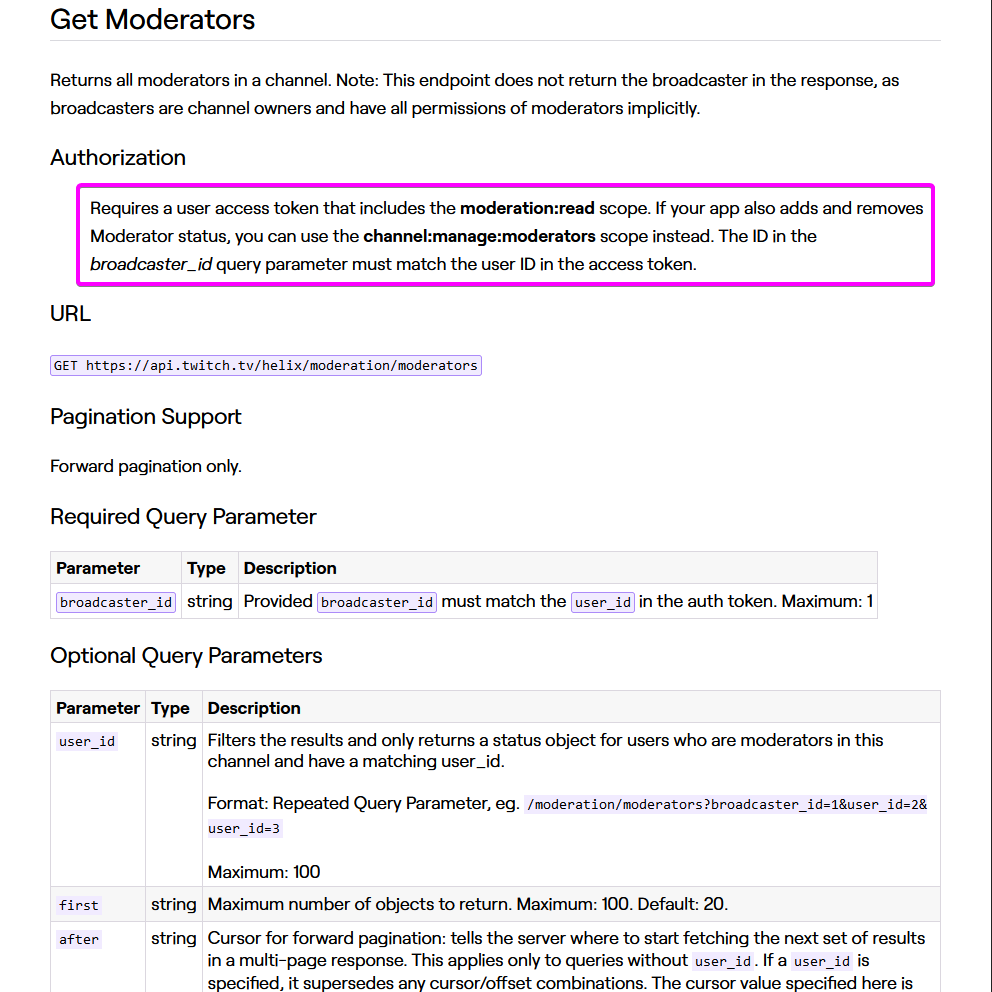 Get Moderators does not state `channel:manage:moderators` can be used in replacement of ...