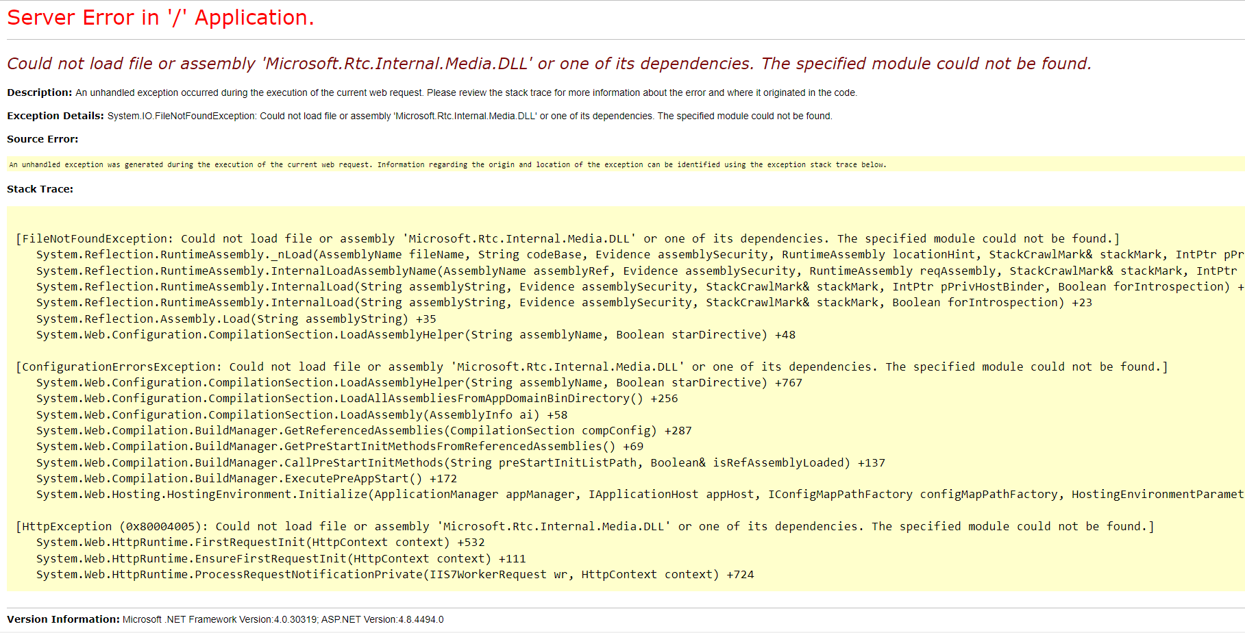 Could not load file or assembly 'Microsoft.Rtc.Internal.Media.DLL' or one of its dependencies ...