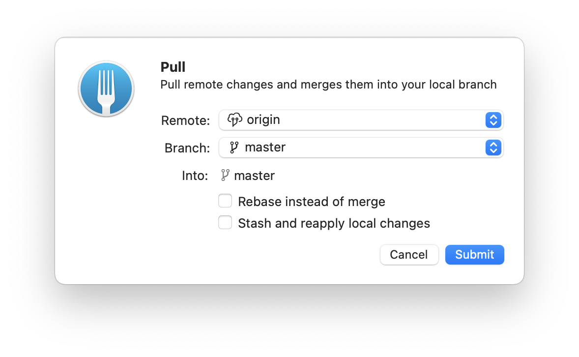 Default button in Pull dialog is now labeled "Submit" instead of "Pull" · Issue #1462 · fork-dev ...