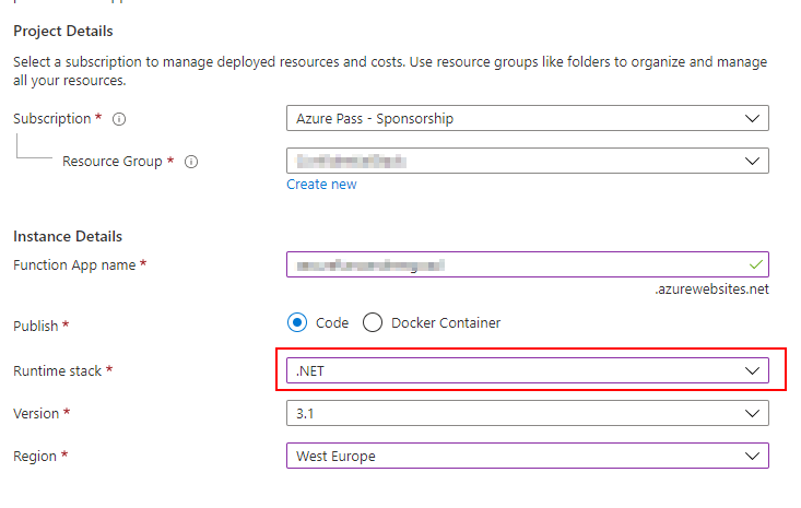 The runtime stack for creating functions is now simply .NET not .NET ...