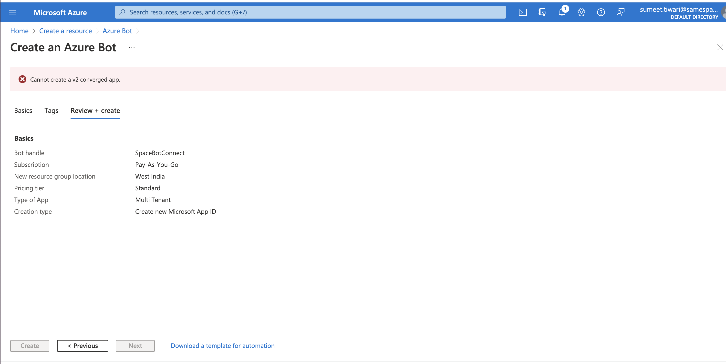 Cannot create Azure bot - Cannot create a v2 converged app. · Issue #379 · OfficeDev/Microsoft ...
