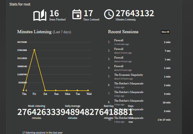 [Bug]: Library stats' numbers are grossly incorrect · Issue #865 · advplyr/audiobookshelf · GitHub