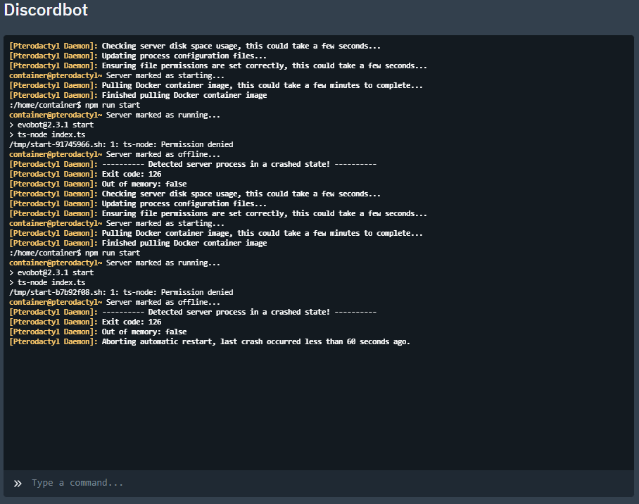 Detected server process in a crashed state · Issue #1334 · eritislami/evobot · GitHub