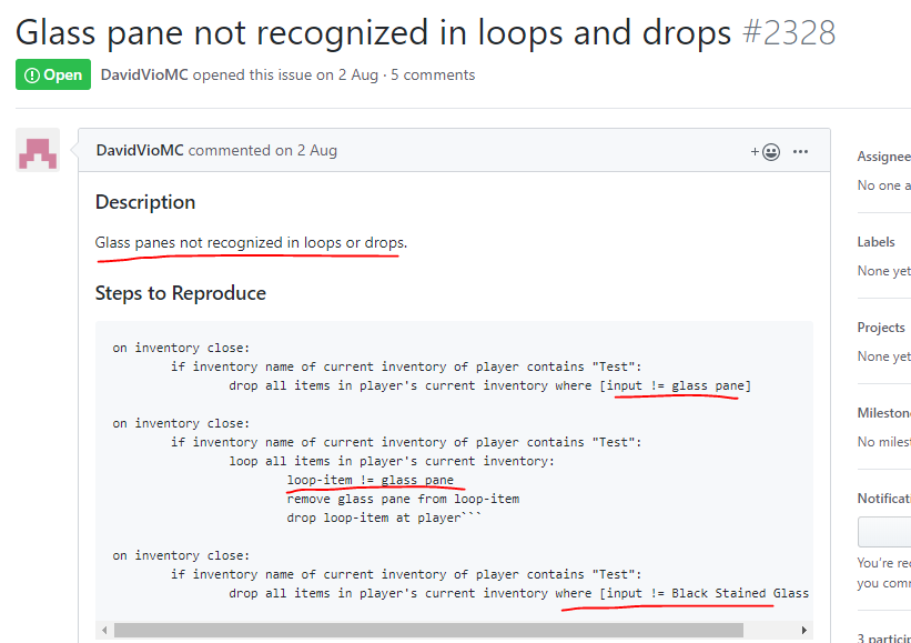 Glass pane not recognized in loops and drops · Issue #2328 · SkriptLang/Skript · GitHub