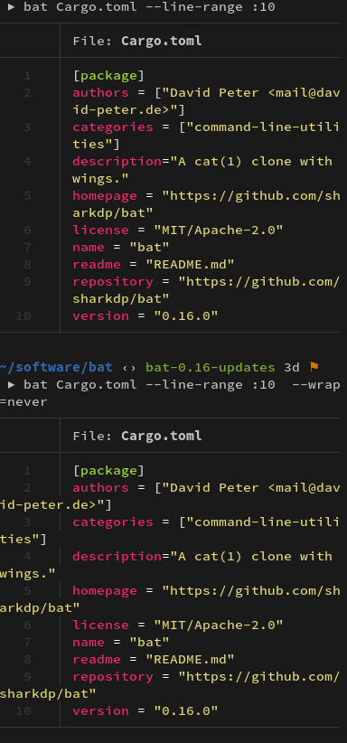 Pass -S option to less if wrapping is explictly disabled · Issue #1255 · sharkdp/bat · GitHub