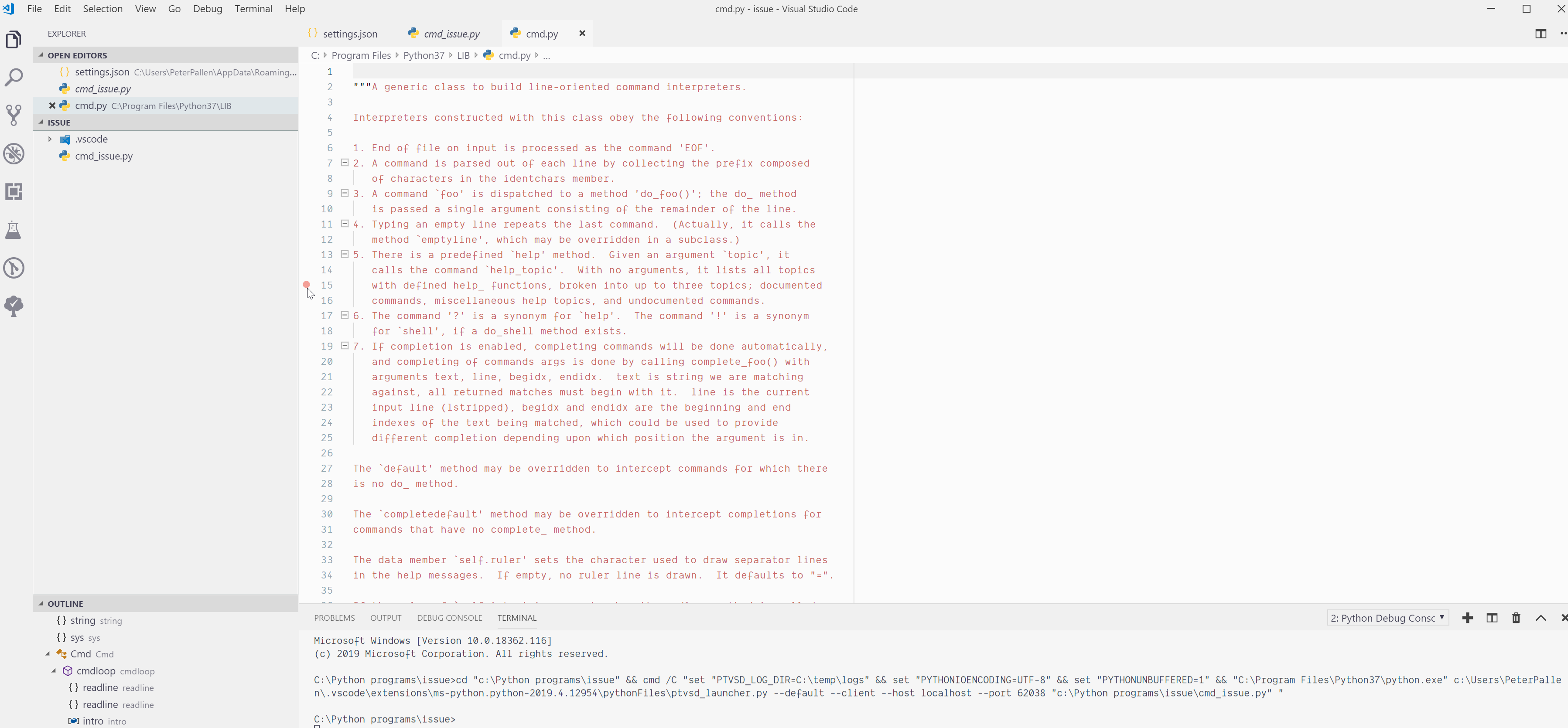 Issue with debug when using cmd as terminal · Issue #1466 · microsoft/ptvsd · GitHub