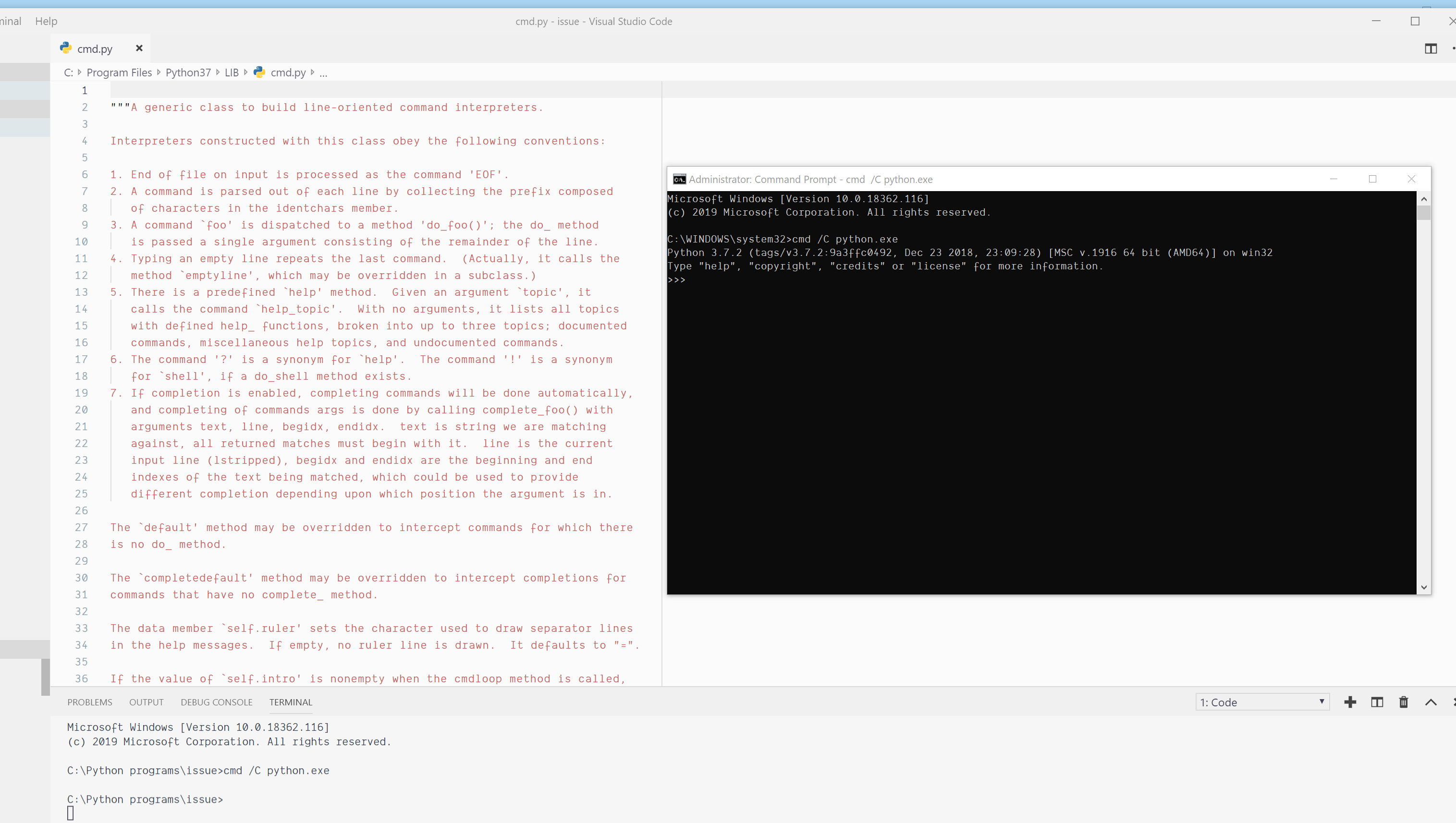 Issue with debug when using cmd as terminal · Issue #1466 · microsoft/ptvsd · GitHub