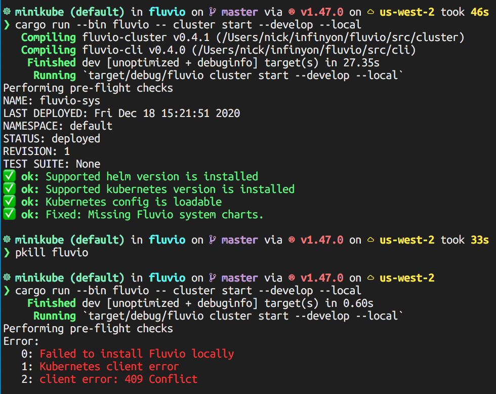 [bug] `fluvio cluster start --develop --local` gives client error: 409 Conflict · Issue #541 ...