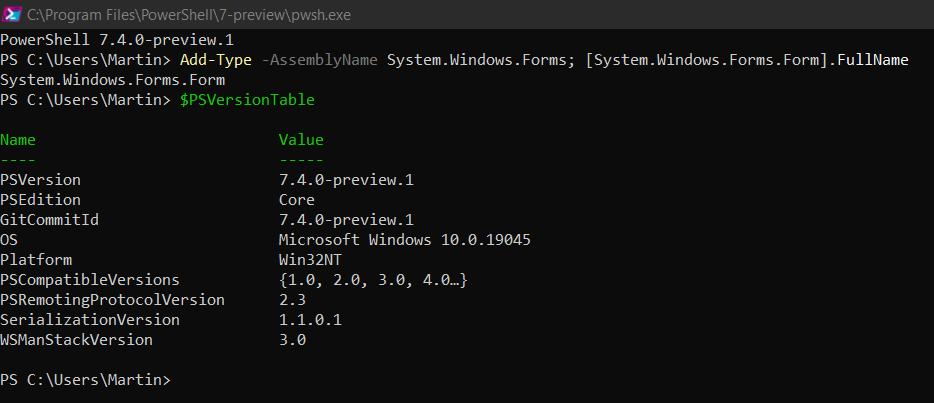System.Windows.Forms assembly (WinForms) can no longer be loaded with Add-Type -AssemblyName ...