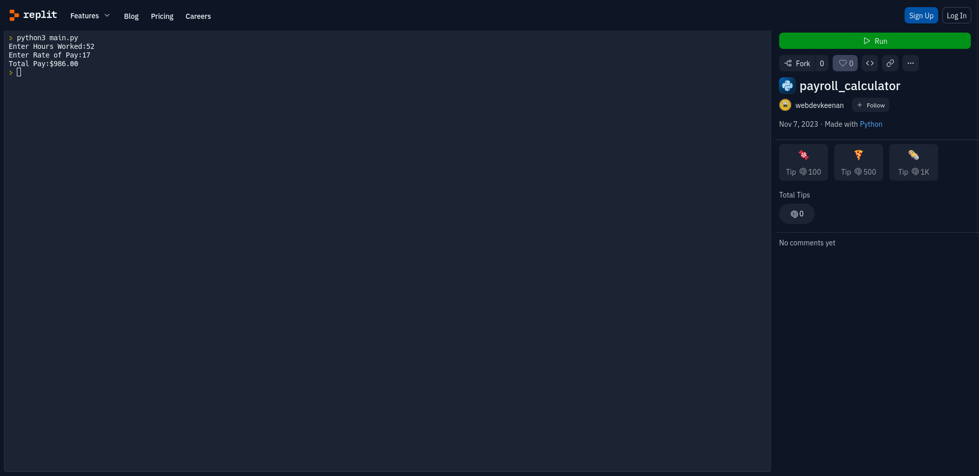 GitHub - webdevkeenan/payroll_calculator: A program that prompts the user for hours up to 40 ...
