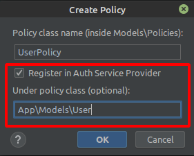 [BUG] "Register in Auth Service Provider" not working without "Under policy class (optional ...