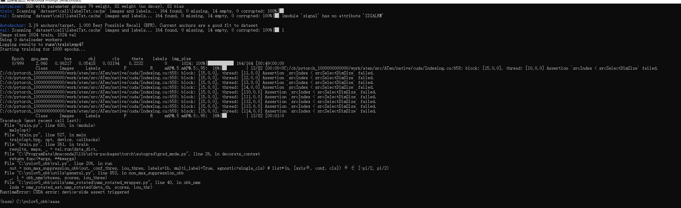 训练报错，thread: [10,0,0] Assertion `srcIndex