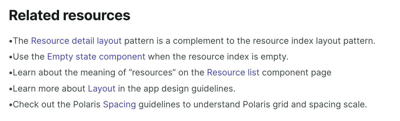 Fix bullet spacing in pattern `Related resources` list · Issue #8883 · Shopify/polaris · GitHub