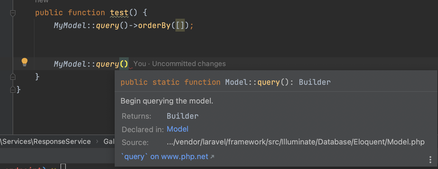 [Bug]: Code Generation doesn't respect Model's dedicated Eloquent Builder · Issue #735 · laravel ...