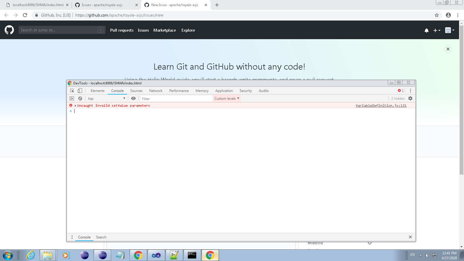 Uncaught invalid setValue parameters (VariableDefinition.js:131 ...
